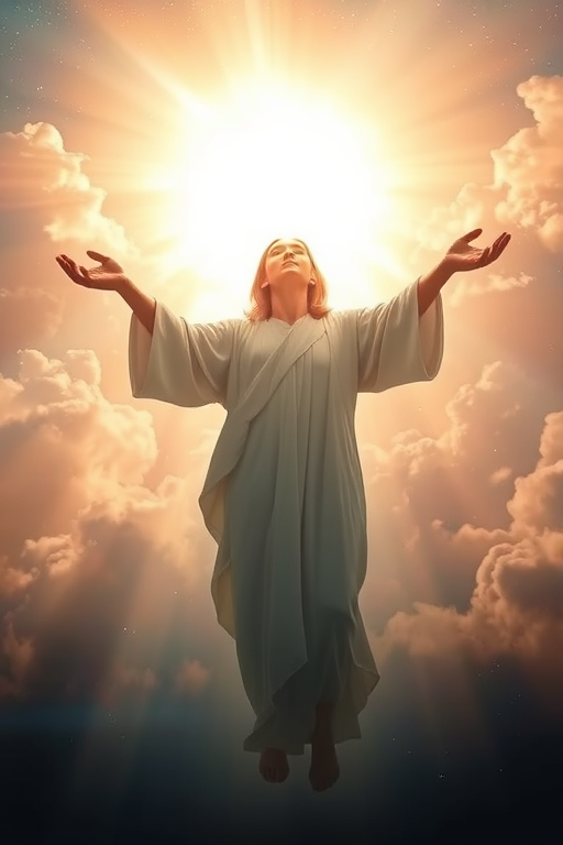 Serene Figure in Prayer Surrounded by Celestial Light and Cosmic Beauty