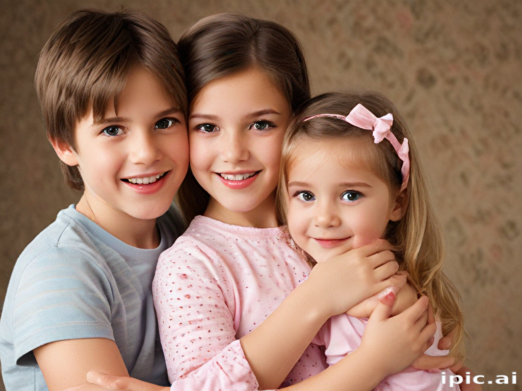 Three Happy Siblings Smiling Together in a Cozy Indoor Setting