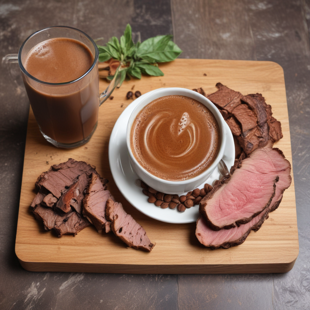coffee, cocoa drink and roasted meat on a wooden board