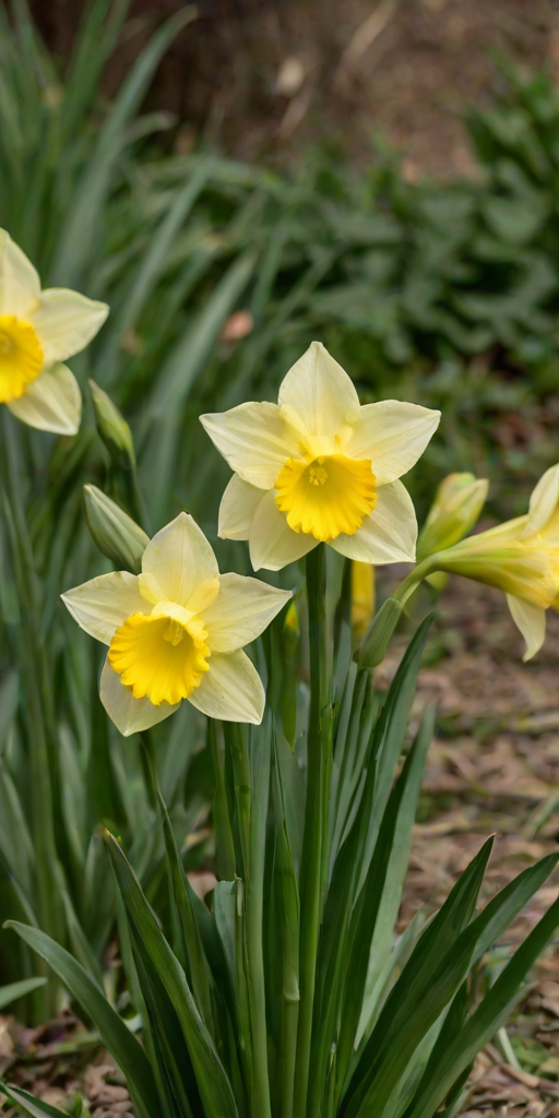 Beautiful Blooming Daffodils with Bright Yellow Centers in a Garden Setting