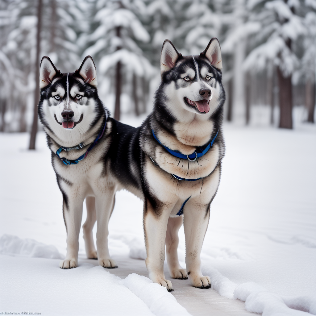 Two Beautiful Siberian Huskies Standing Together in a Winter Wonderland.