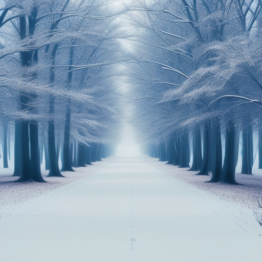 A Serene Winter Pathway Surrounded by Frosty Trees and Soft Snow.