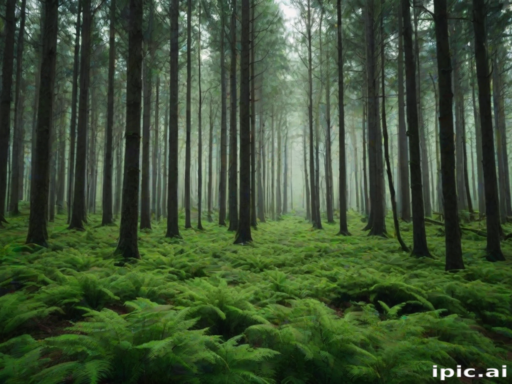 Serene Forest Landscape with Lush Green Ferns Underneath Tall Trees