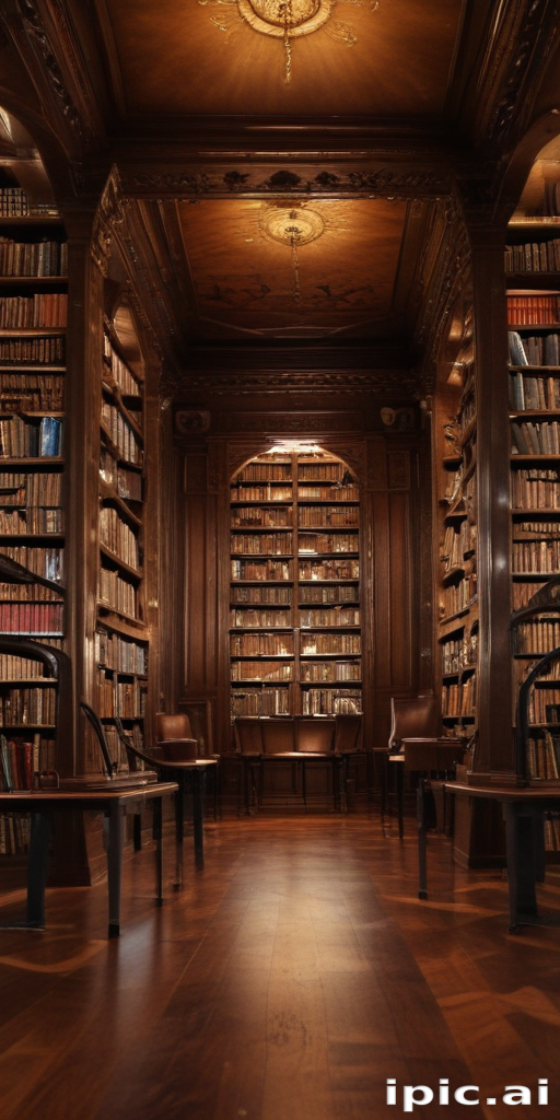 A Cozy, Elegant Library with Rich Wooden Shelves and Vintage Chairs