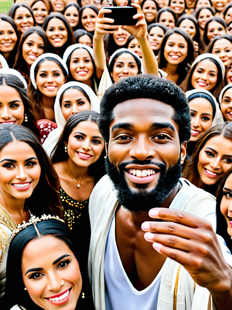 Solomon from the Bible taking a selfie with his 1,000 wives