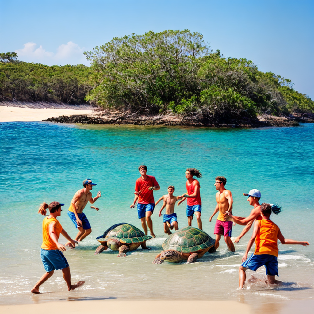 turtle having fun with friends at the beach relaxing