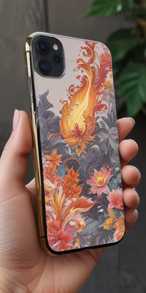 Colorful Floral Phone Case Design Featuring Vibrant Flowers and Flames