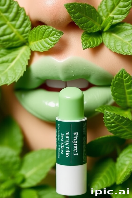 Refreshing Minty Lip Balm Surrounded by Lush Green Leaves and Lips