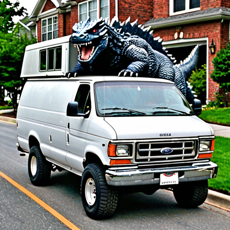 godzilla driving a white 2003 ford econoline van