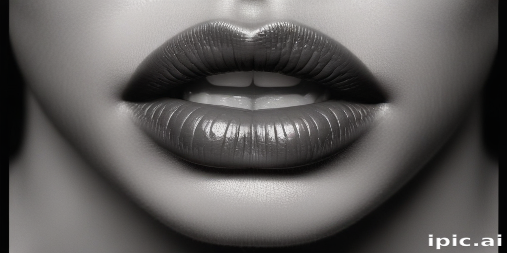Close-Up View of Glossy Lips with Intricate Texture in Monochrome