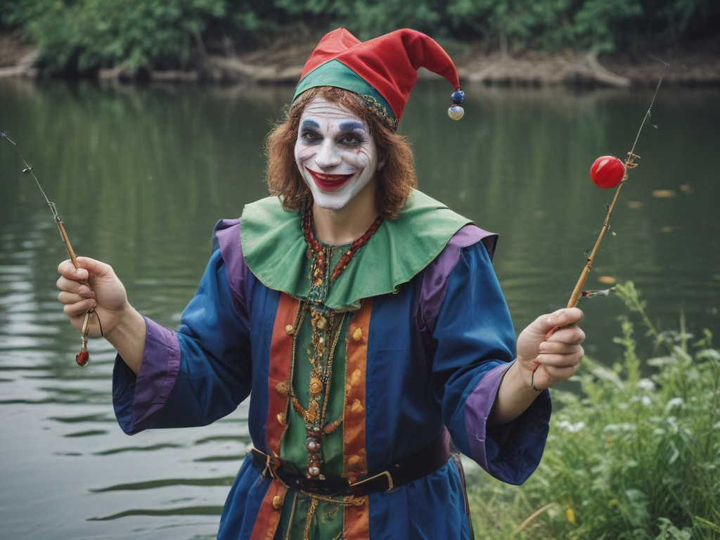 A jester with a fishing pole.