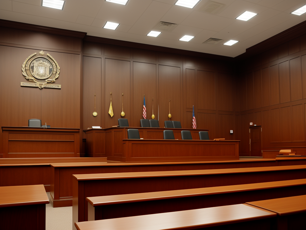 Empty Courtroom with Wooden Paneling and Flags Awaiting Upcoming ...
