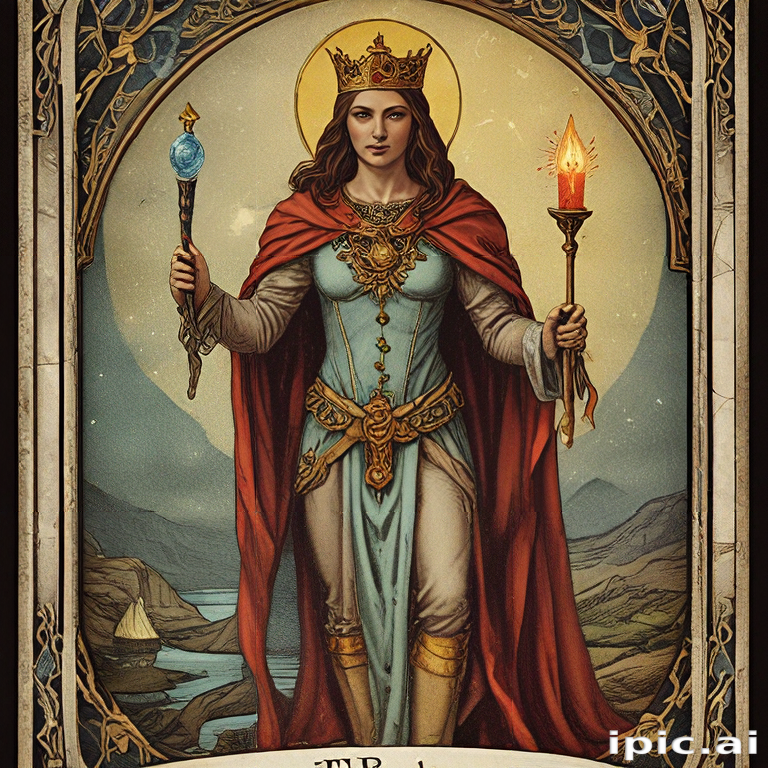 Majestic Queen Holding a Crystal Staff and Flame in Enchanted Landscape