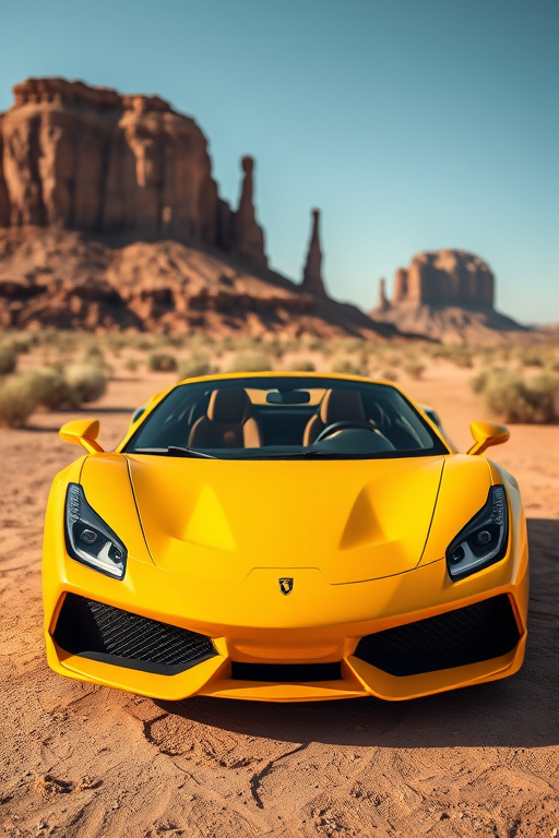 Capture a vibrant yellow luxury sports car in a desert landscape, with ...