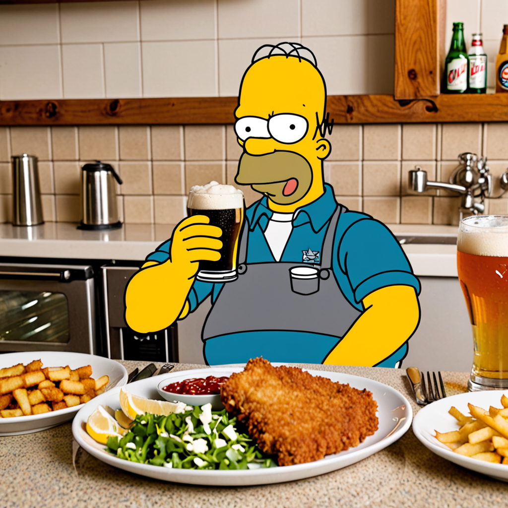 German Homer Simpson savors a traditional meal of schnitzel and ...