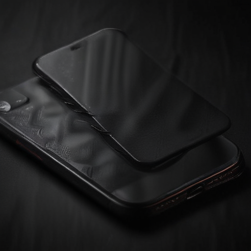 Stylish Black Smartphone with a Sleek Leather Case on Dark Background