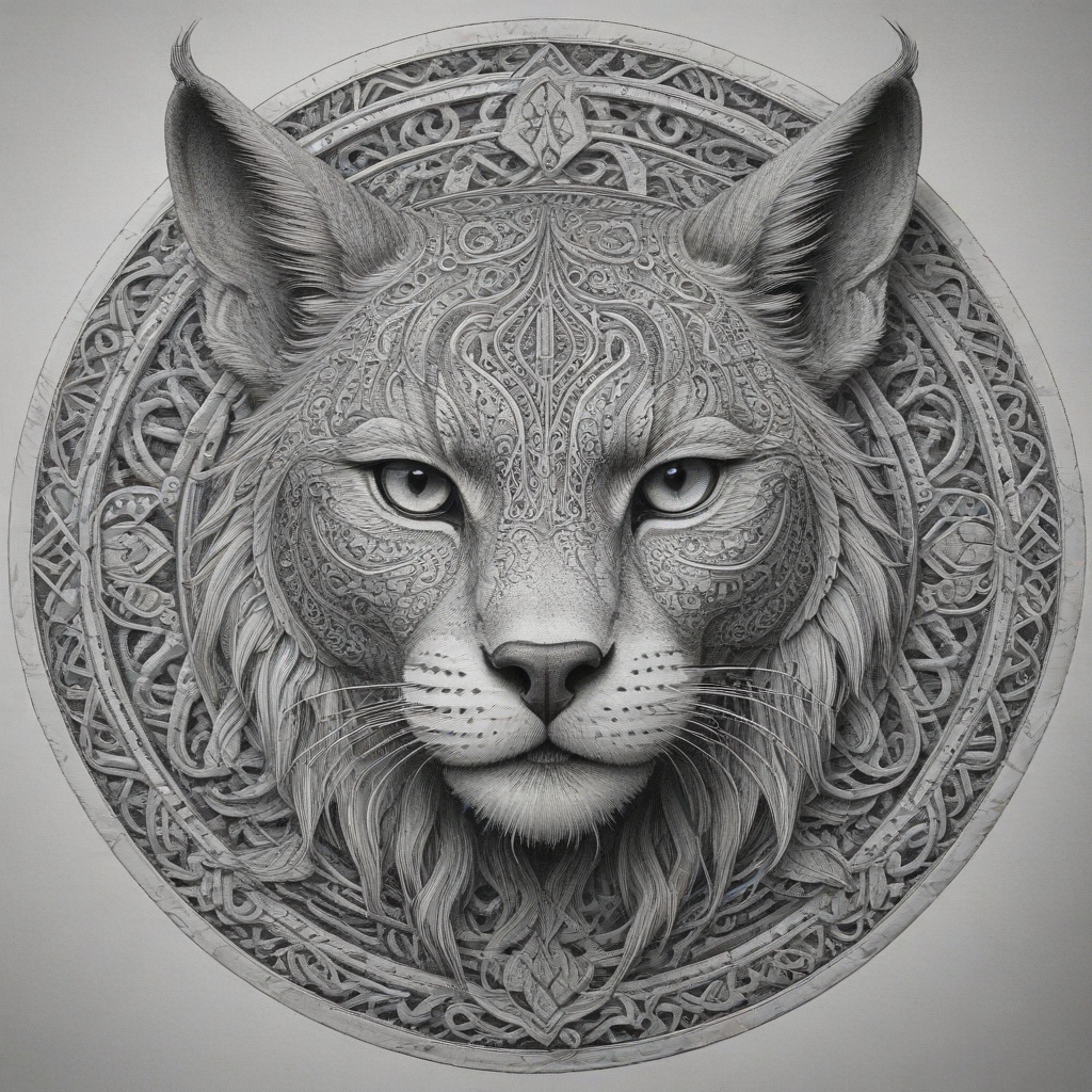 b&w, highly detailed. viking knotwork engraving of lynx