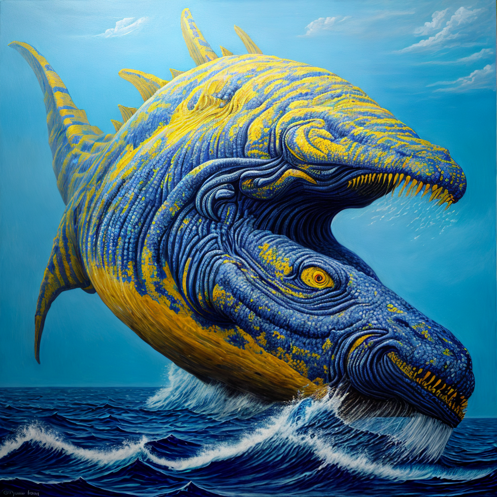 an oil painting portrait of huge blue Leviathan with yellow eyes in the sea