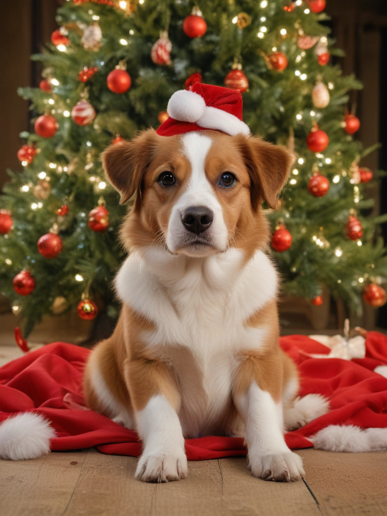 A Festive Dog Wearing a Santa Hat by a Beautiful Christmas Tree.