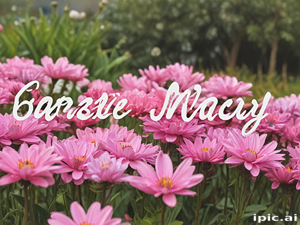 Beautiful Garden Scene with Vibrant Pink Flowers and Elegant Script