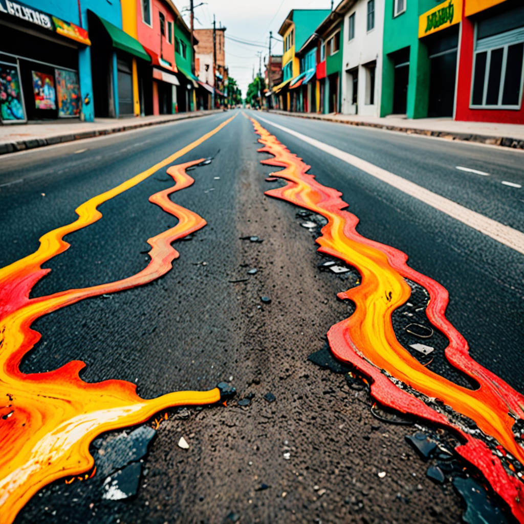 reggae colored city road with burned ground flames