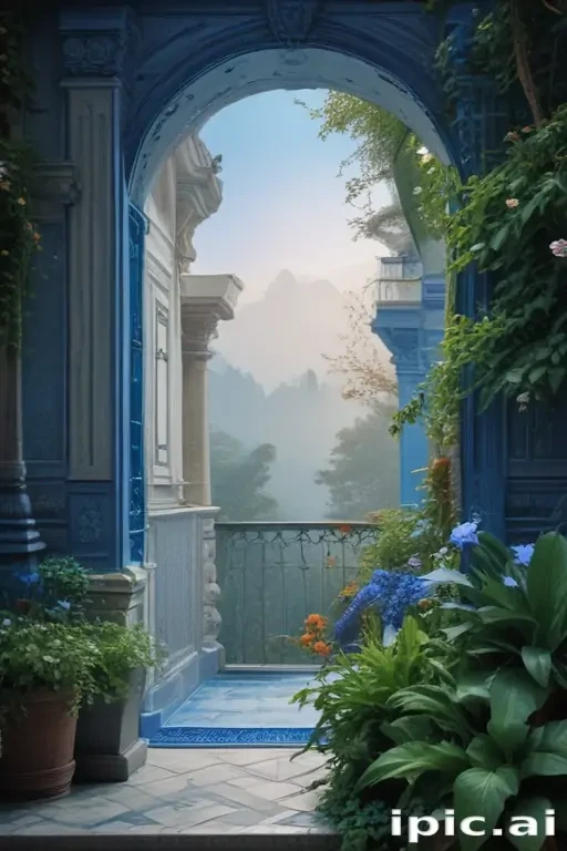 Tranquil Blue Archway Overlooking a Lush Garden and Misty Mountains