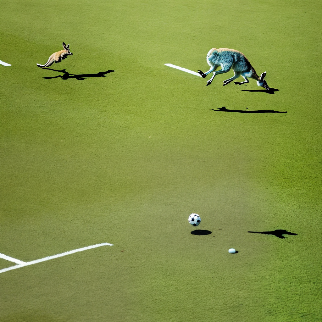 A kangaroo kicking a possum into a soccer goal
