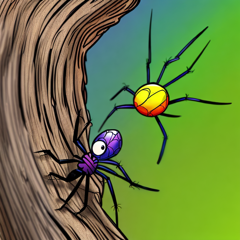 colored spider crawling up a tree, cartoon style