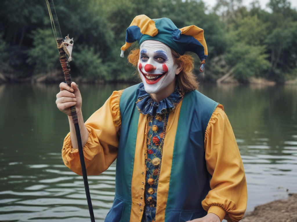 A jester with a fishing pole.