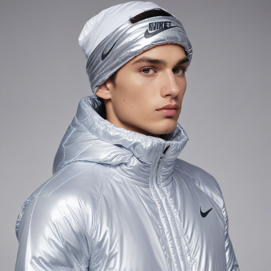 Male supermodel nike shiny puffer jacket bling jewellery hood headband