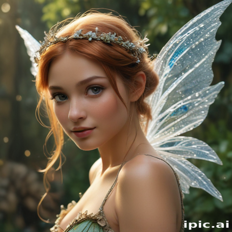 Enchanting Fairy with Sparkling Wings Surrounded by Lush Greenery and Magic