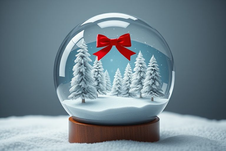 A Beautiful Winter Scene Inside a Snow Globe with a Red Bow.
