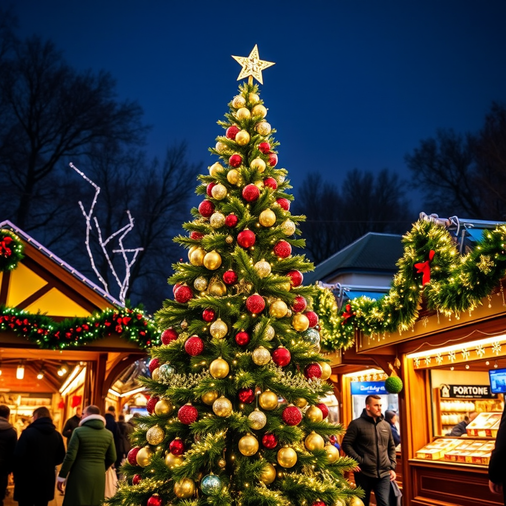 Festively Decorated Christmas Tree in a Vibrant Holiday Market Setting