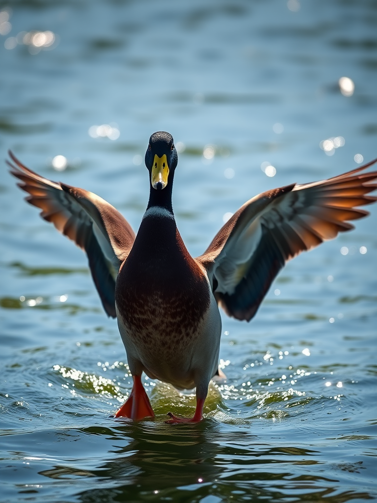 Capture a close-up shot of a duck in mid-flap with wings spread wide ...