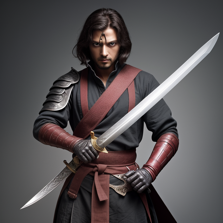 A Fierce Warrior Poised for Battle with a Gleaming Sword in Hand