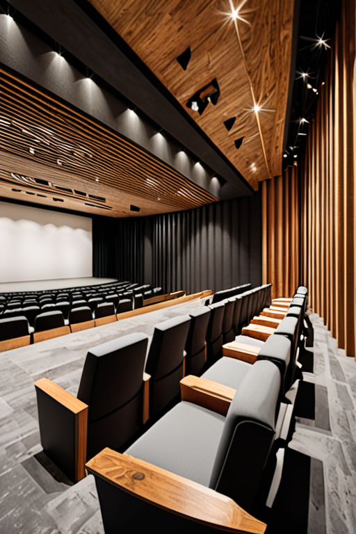 Interior renders of a big theater made with concrete walls and wood ...