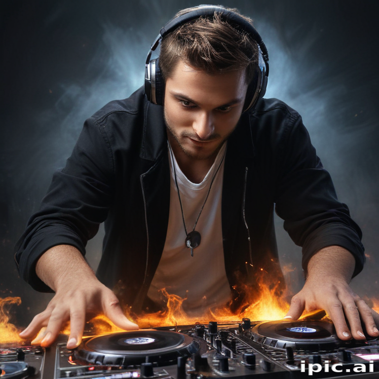 Dynamic DJ Mixing Beats in a Fiery Atmosphere with Intense Focus