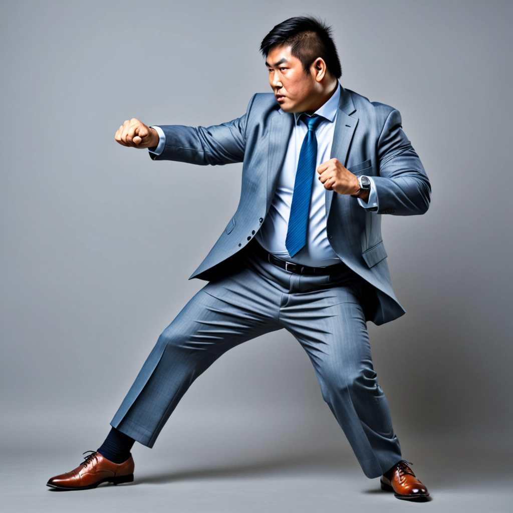 large asian man in business suite, fighting, punching kicking, side ...