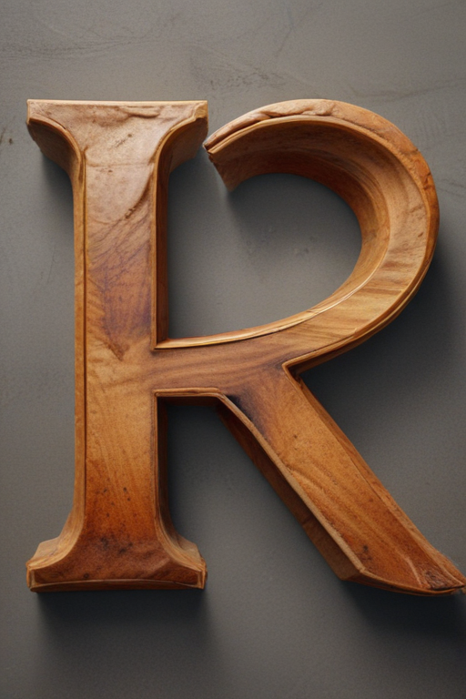 Intricately Carved Wooden Letter 'R' on a Textured Background Surface