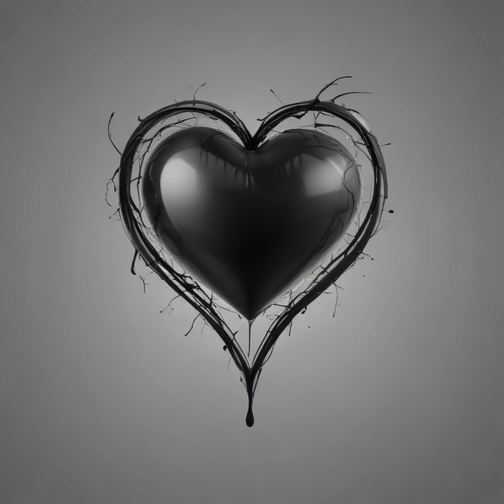 A Dark Heart Surrounded by Twisted Vines on a Gray Background