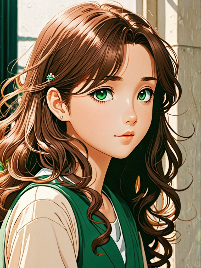 girl, manga, ghibli, cute, anime, long curly brown hair, dark green ...