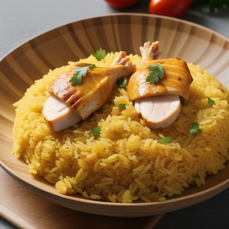 A Delicious Plate of Yellow Rice Topped with Succulent Chicken Pieces