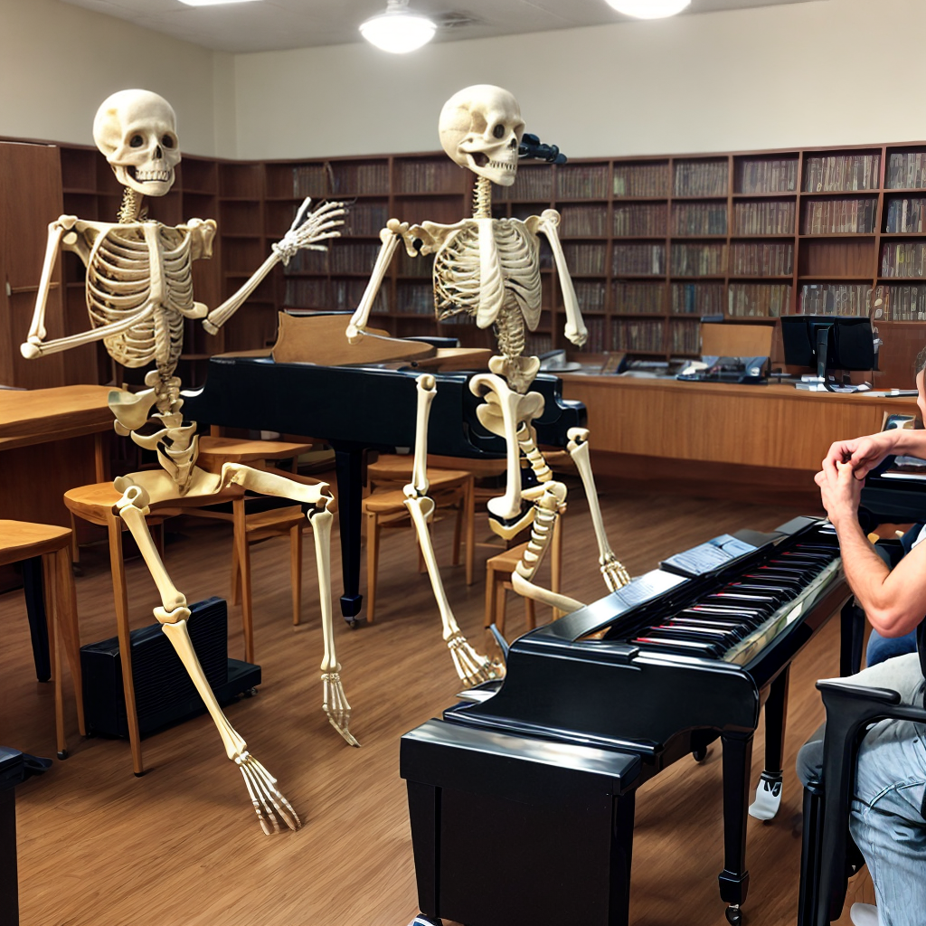 a skeleton playing piano and a other one playing drums. they are in a ...