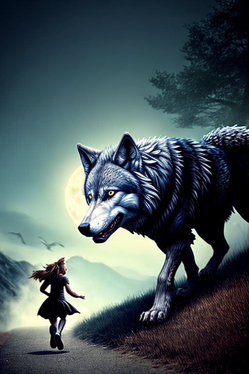 A wolf chasing a girl (fantasy scene)