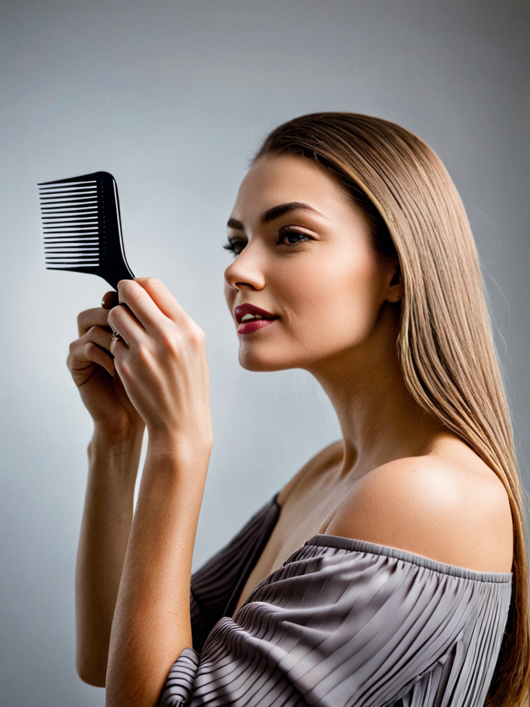 a woman combing her hair with a few strands leaving the brush
