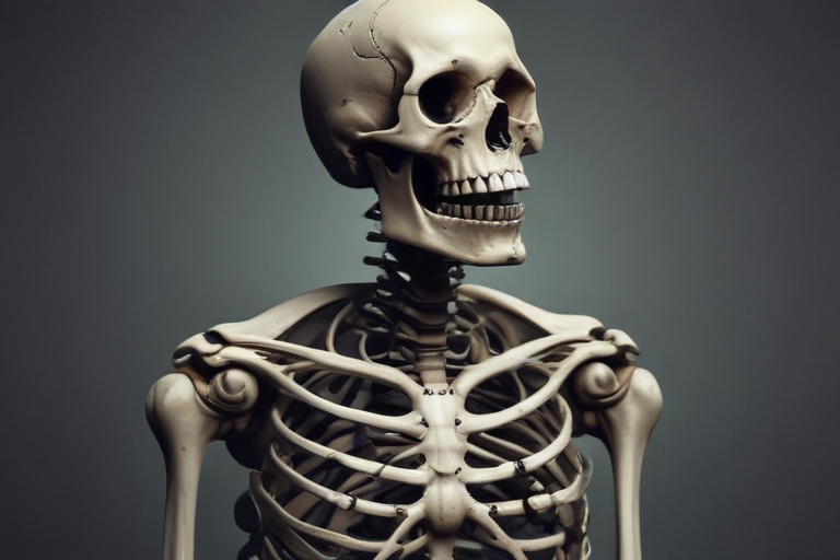 Anatomical Model of a Human Skeleton Displayed Against a Dark Background