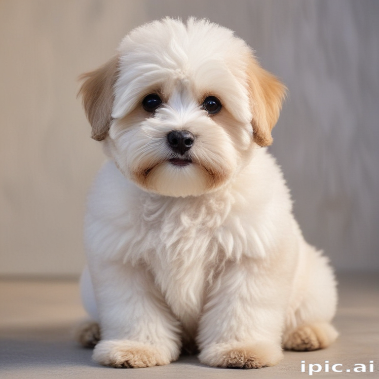 Adorable fluffy puppy with big expressive eyes sitting cutely at home.