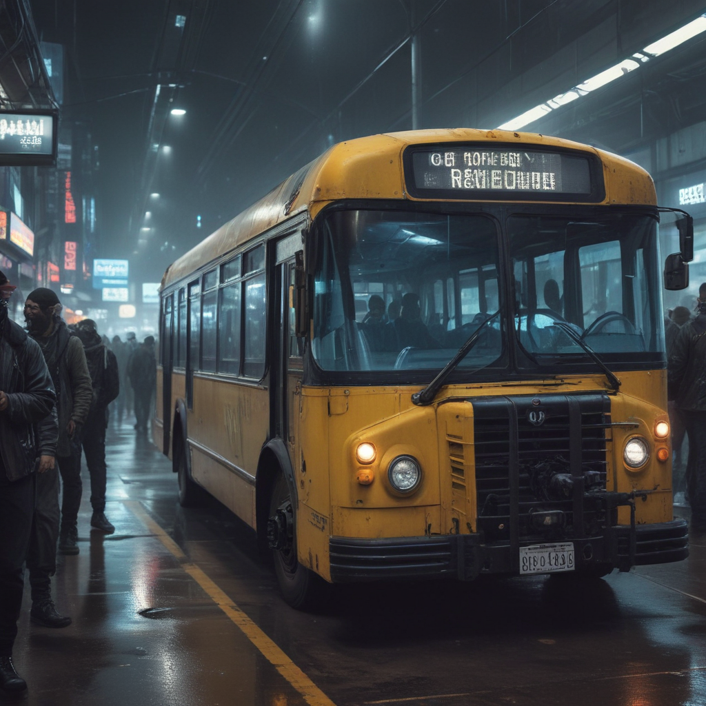 People get on the bus, cyberpunk