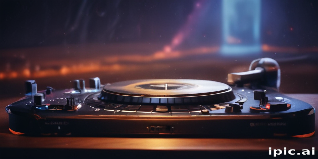 Modern DJ Turntable Set Against a Vibrant, Atmospheric Background Scene