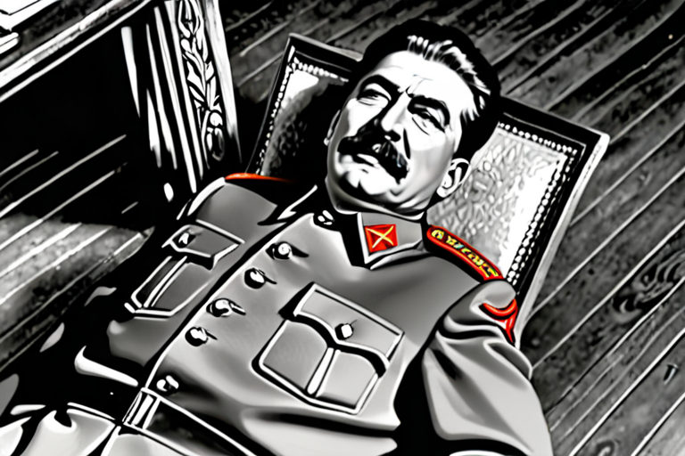 Josef Stalin with closed eyes laying on back near table on the floor ...